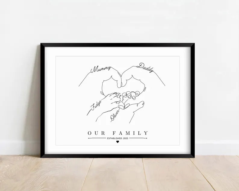 Personalised Family Line Art Print, Custom Minimalist Family Hand Art ...